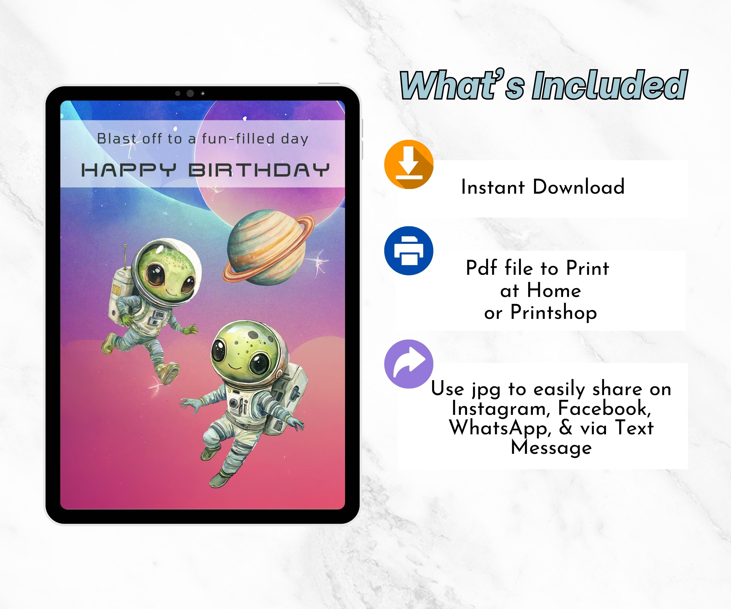 Printable Happy Birthday Card for Boy, Space Alien Happy Birthday Card ...