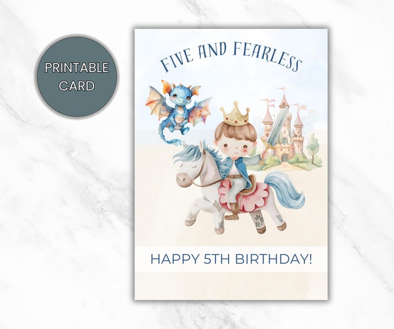 Printable 5th Birthday Card for Boy, Fifth Happy Birthday Card, Dragon ...