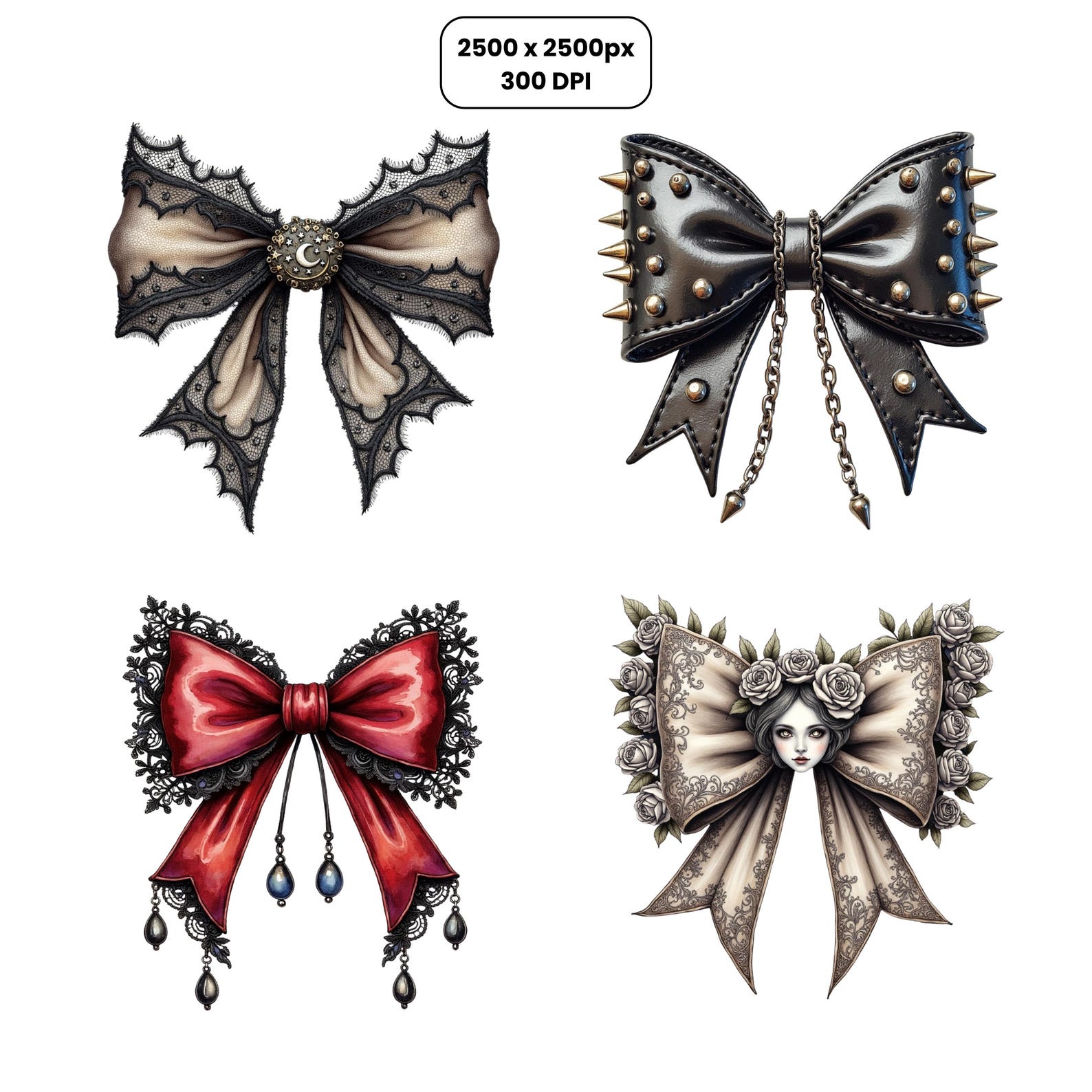 Gothic Coquette Bows Clipart Pack, Black Goth Ribbon, 24 PNG Bundle ...