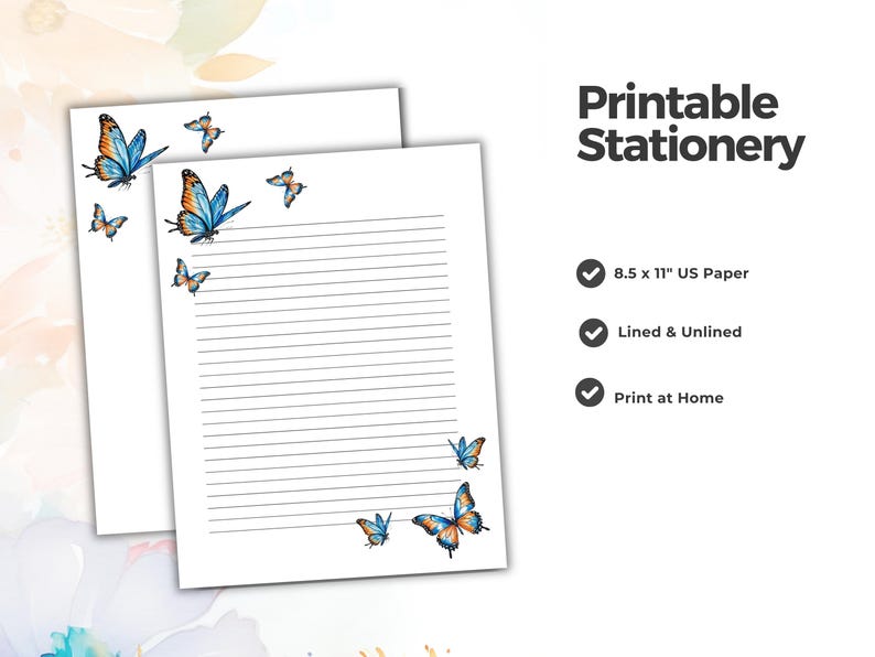 Printable Stationery With Butterfly Design, Writing Paper Set, Lined ...