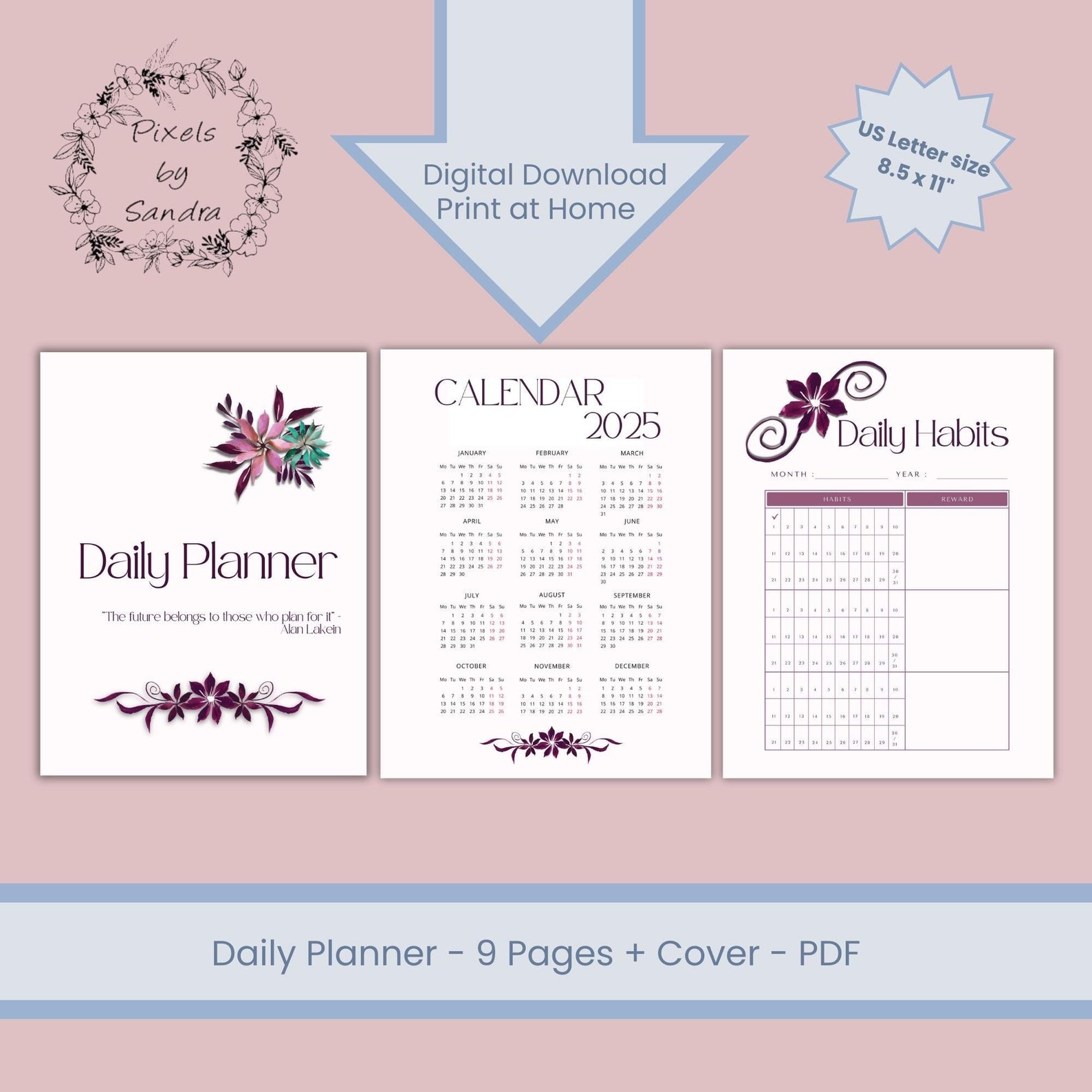 2025 Daily Planner Printable Diary 2025 Calendar, US Size 8.5x11 To-do ...