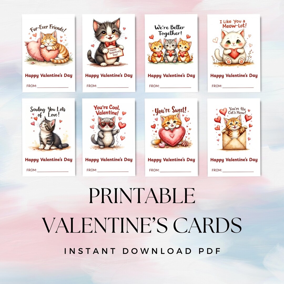 Cat Valentine Cards for Kids, Printable Classroom Valentines, Kitten ...