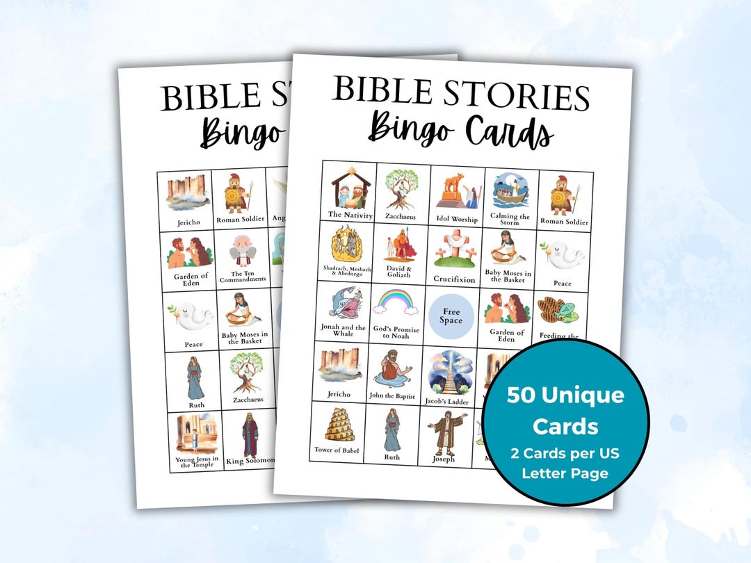 Bible Stories Bingo Printable Game, 50 Bible Character Bingo Cards ...