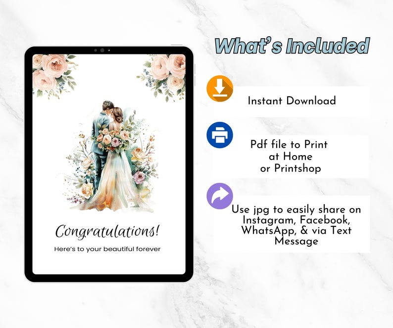 Wedding Congratulations Card, Printable Happy Wedding Day Card, Digital ...