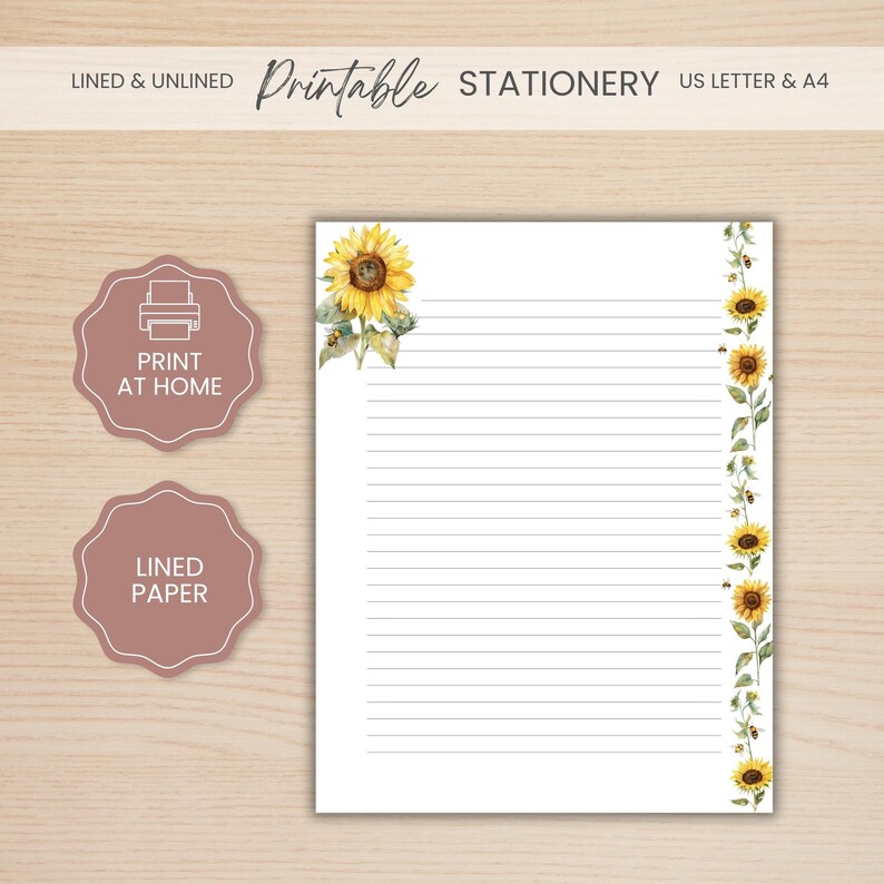 Printable Stationery, Sunflower Notepaper, Lined & Unlined Pages ...
