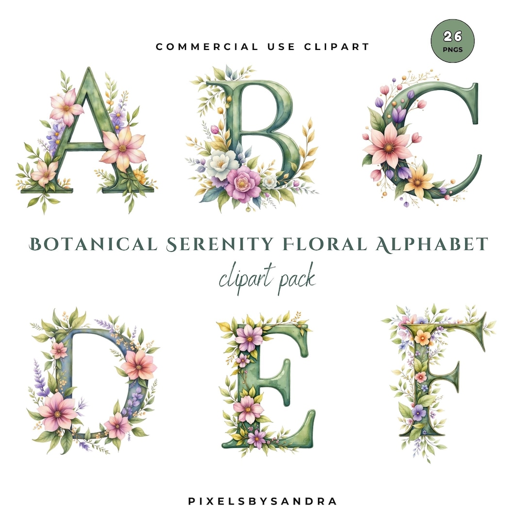 Floral Alphabet Clipart Pack, Cottagecore Botanical Letters, Floral ...