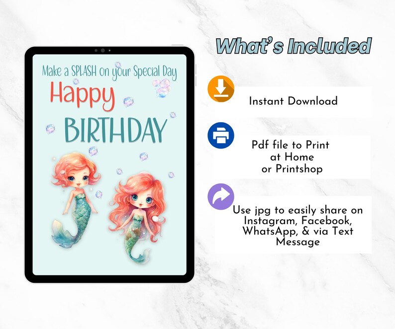 Printable Mermaid Happy Birthday Card for Girls, Under the Sea, Instant ...