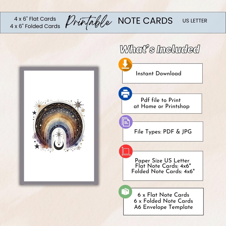 Printable Boho Rainbow Note Cards, DIY 4x6" Flat & Folded Cards With ...