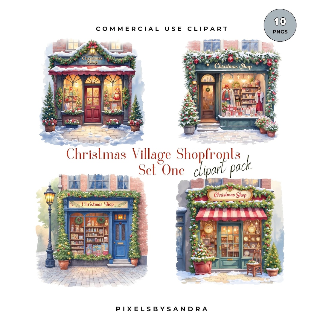 Christmas Village Shopfront Clipart - Set One, Watercolor Holiday Shop ...