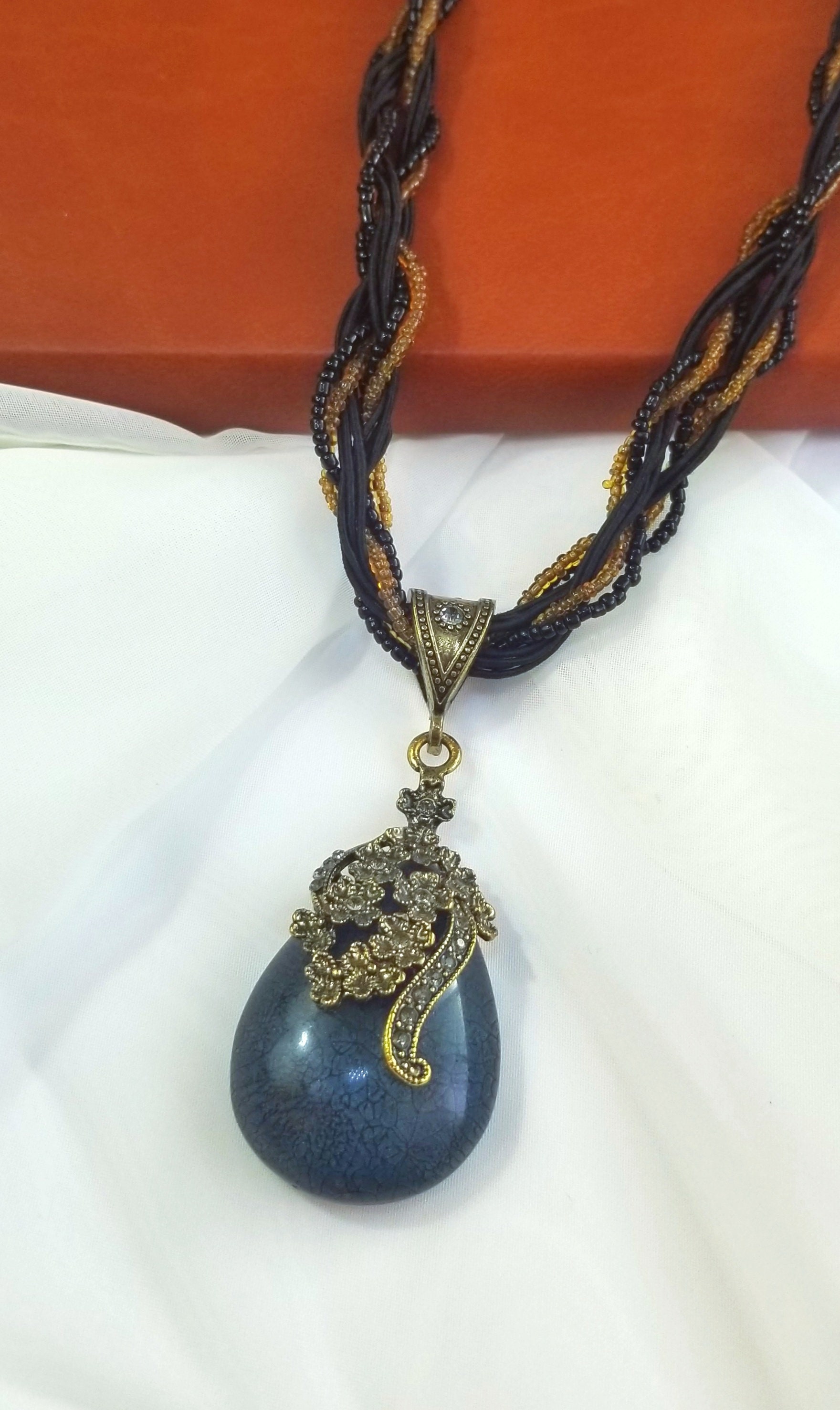 Vintage Gray and Gold Pendant Necklace | Antique Gray Stone Jewelry ...