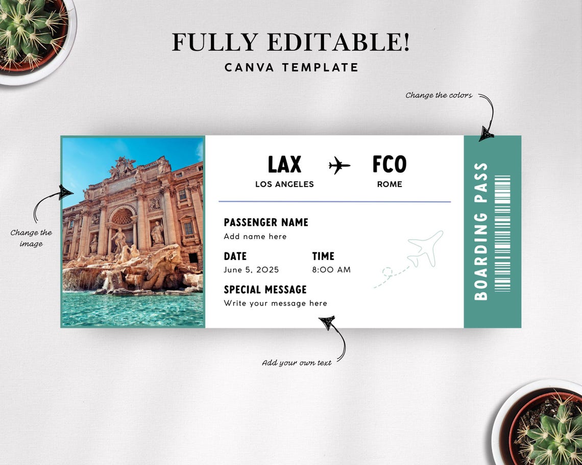 Boarding Pass Editable Template, Vacation Surprise Gift Editable, Canva ...