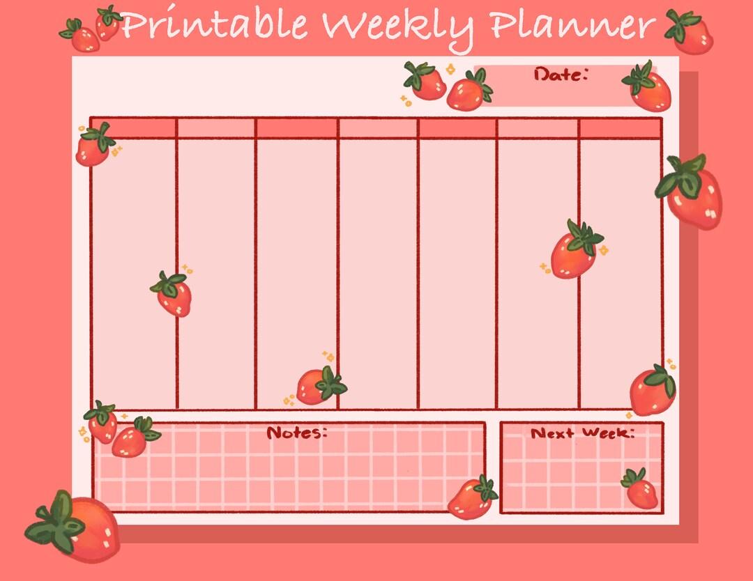 Cute Strawberry Weekly Planner Printable, Digital Weekly Planner ...