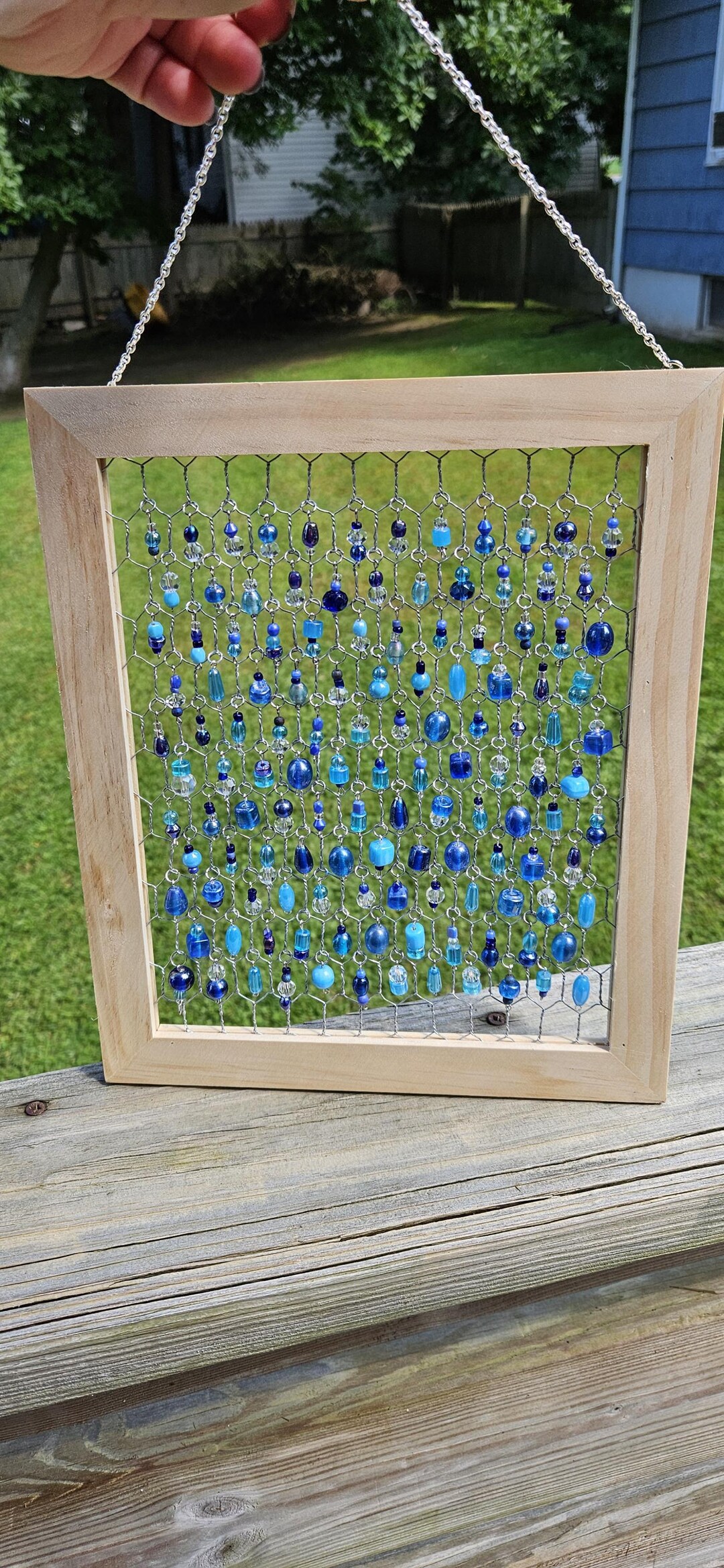 Blue Chicken Wire Frame Suncatcher Beaded Suncatcher, Outdoor Decor ...