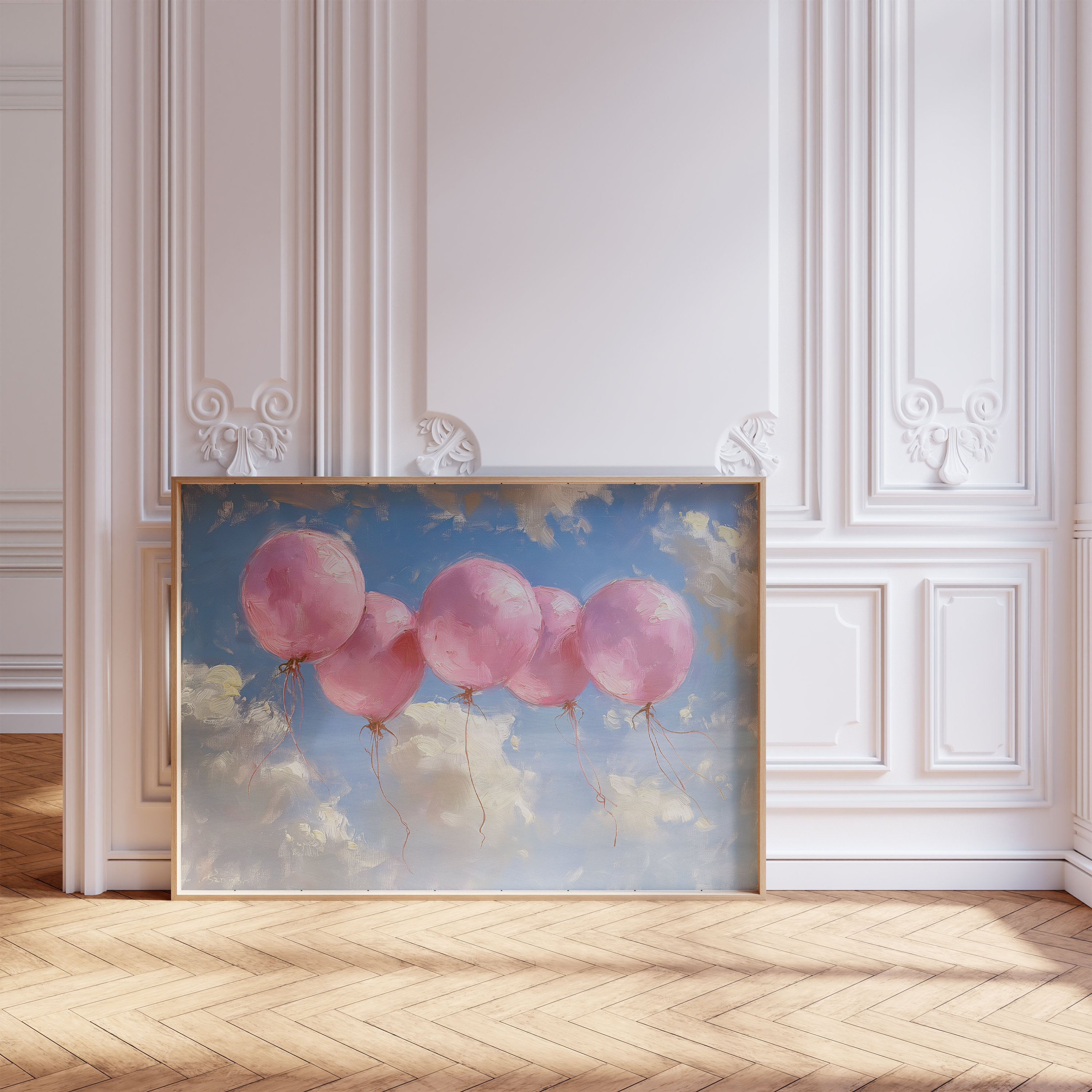 Giclée Prints, Pink Balloons Soaring in the Sky Oil Painting ...