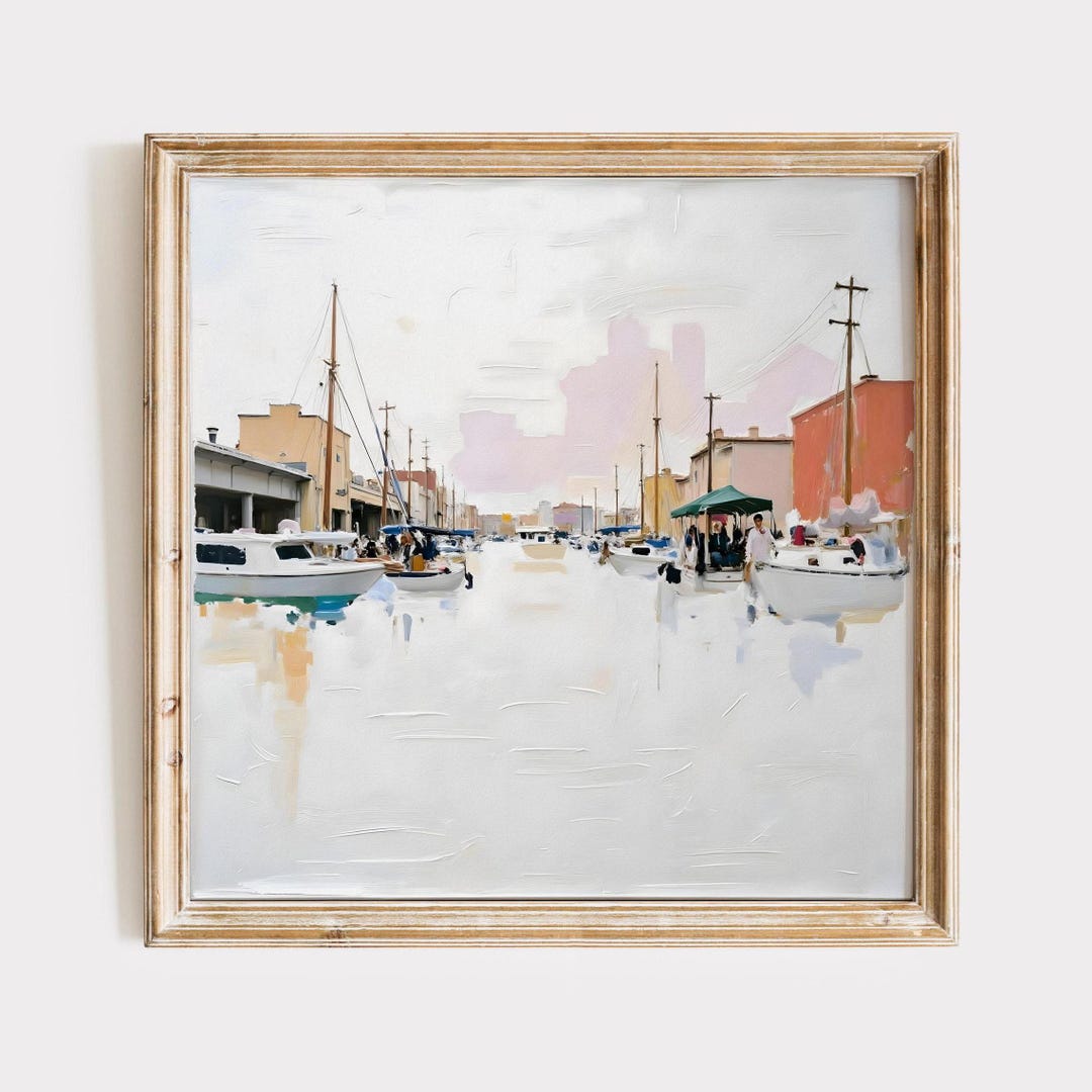 Coastal Harbor Wall Art, Nautical Seaside Painting, Boat Market Digital ...