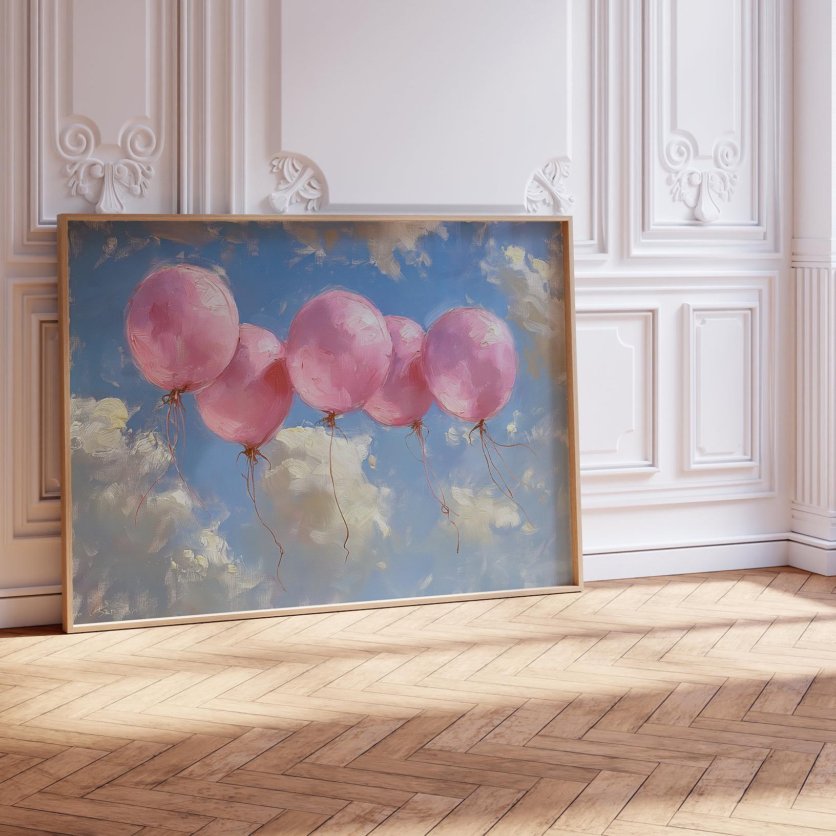 Giclée Prints, Pink Balloons Soaring in the Sky Oil Painting ...