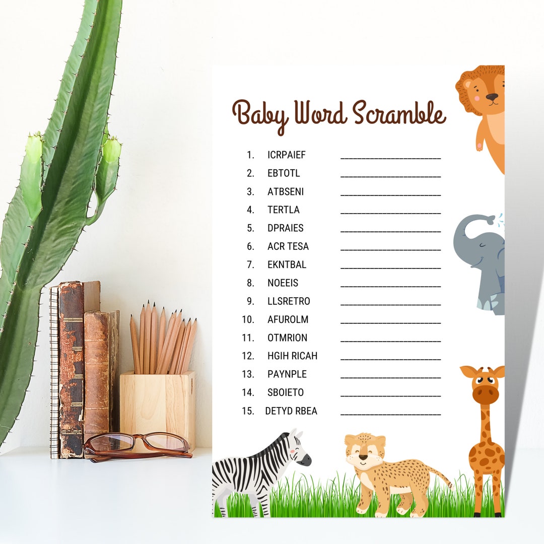 Baby Shower Word Scramble. Baby Shower Games. Safari Baby Shower ...