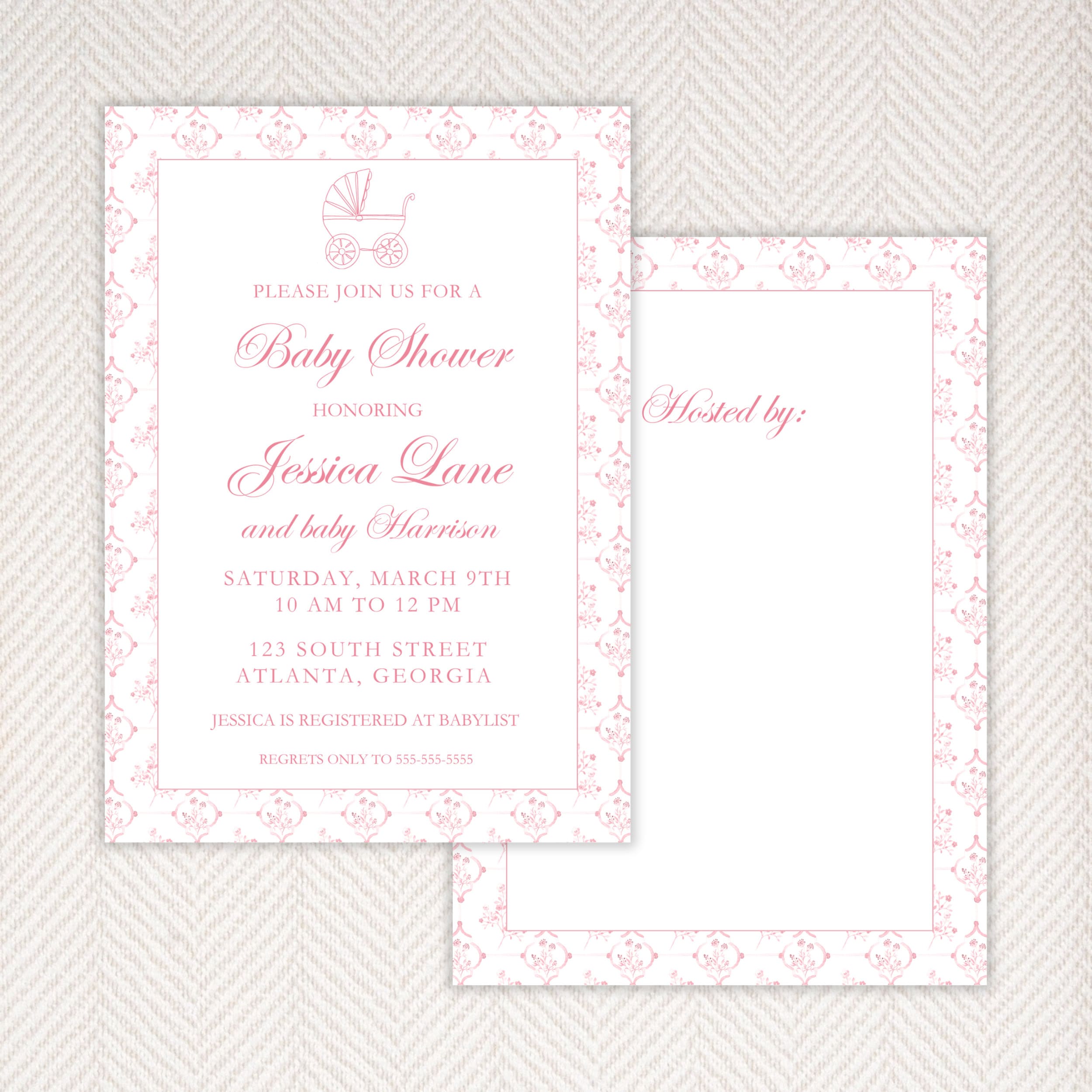 Baby Shower Invitation, Pink Toile, Pink Batik, Baby Girl, Baby Shower ...