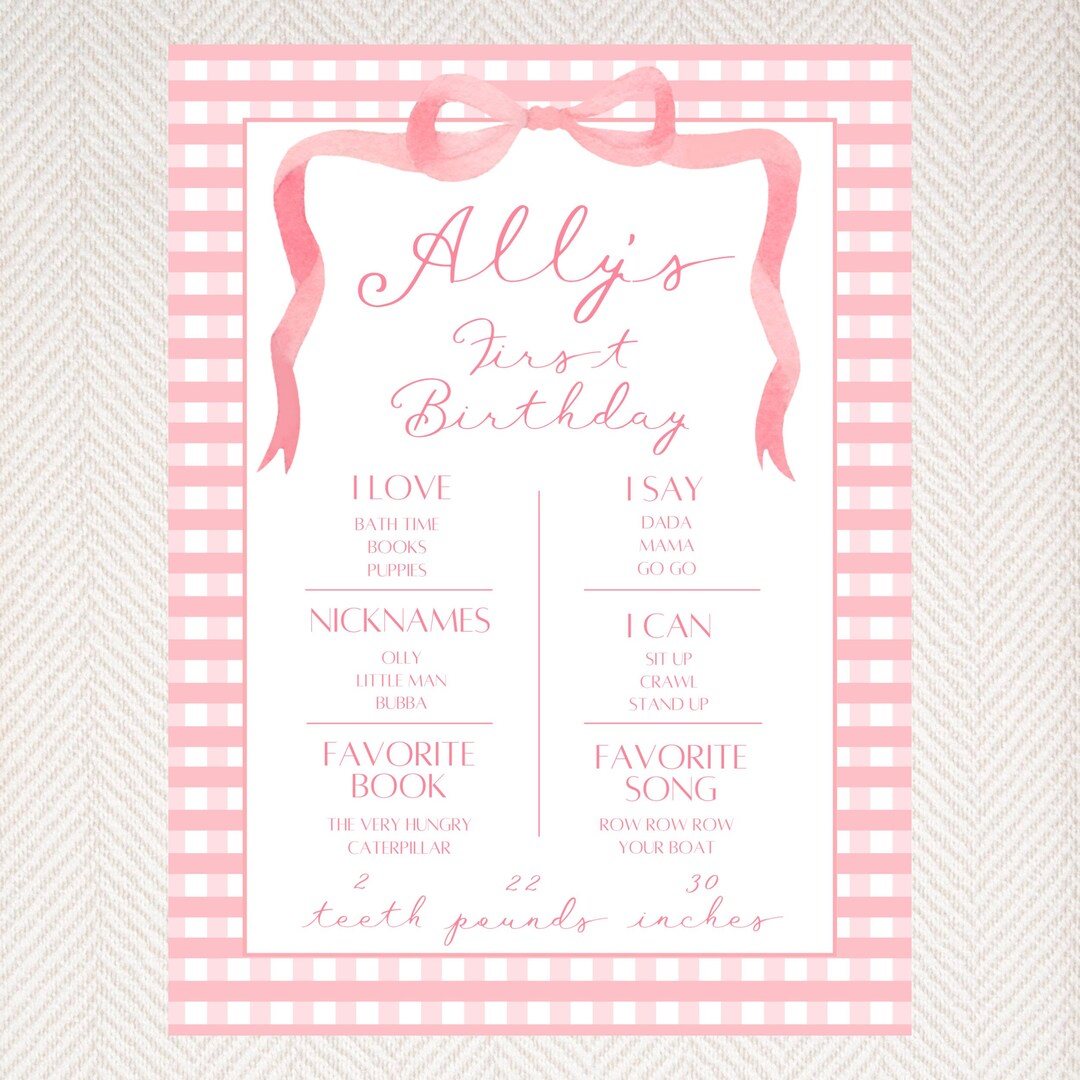Digital Download Editable Pink Gingham Milestone Poster, First Birthday ...