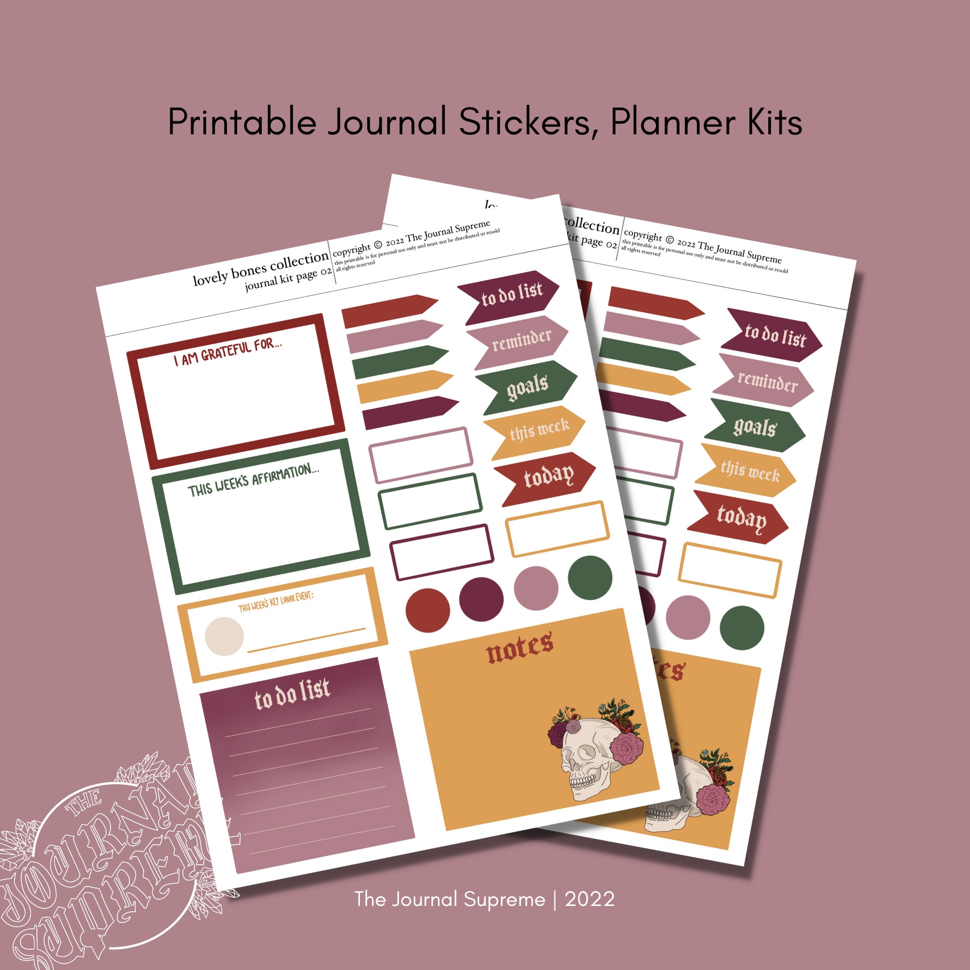 Printable Digital Stickers for Planner, Skulls and Flowers - Etsy