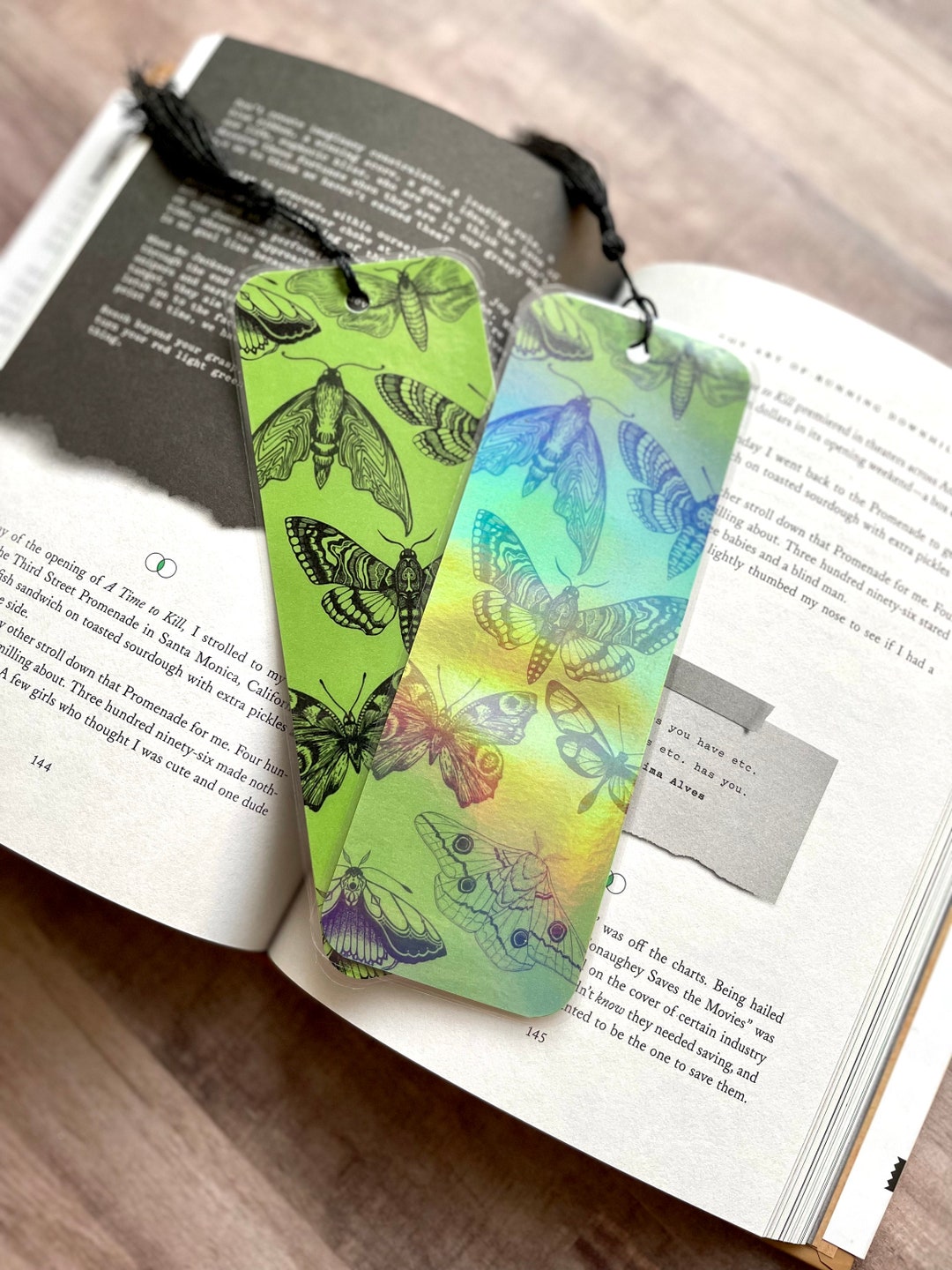 Holographic Moth and Butterfly Bookmark With Tassel, Laminated Book ...