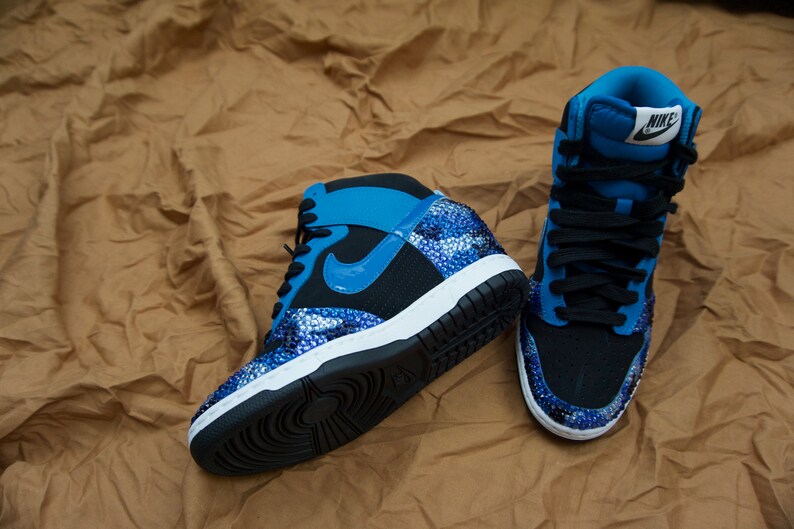Nike Dunk Sky Hi Essential Black Blue Lacquer customized Camo Bedazzled ...