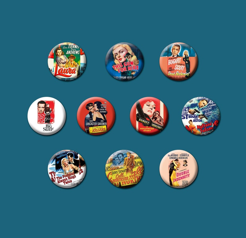 Set of 10 Classic Film Noir Movie Posters on Pin Back Buttons. 1" or 1. ...
