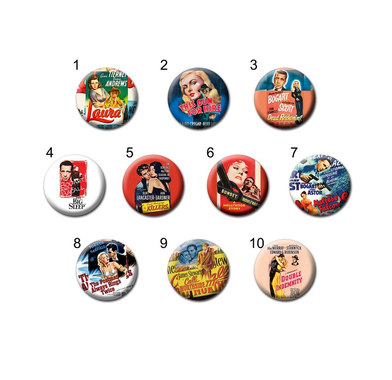 Set of 10 Classic Film Noir Movie Posters on Pin Back Buttons. 1" or 1. ...