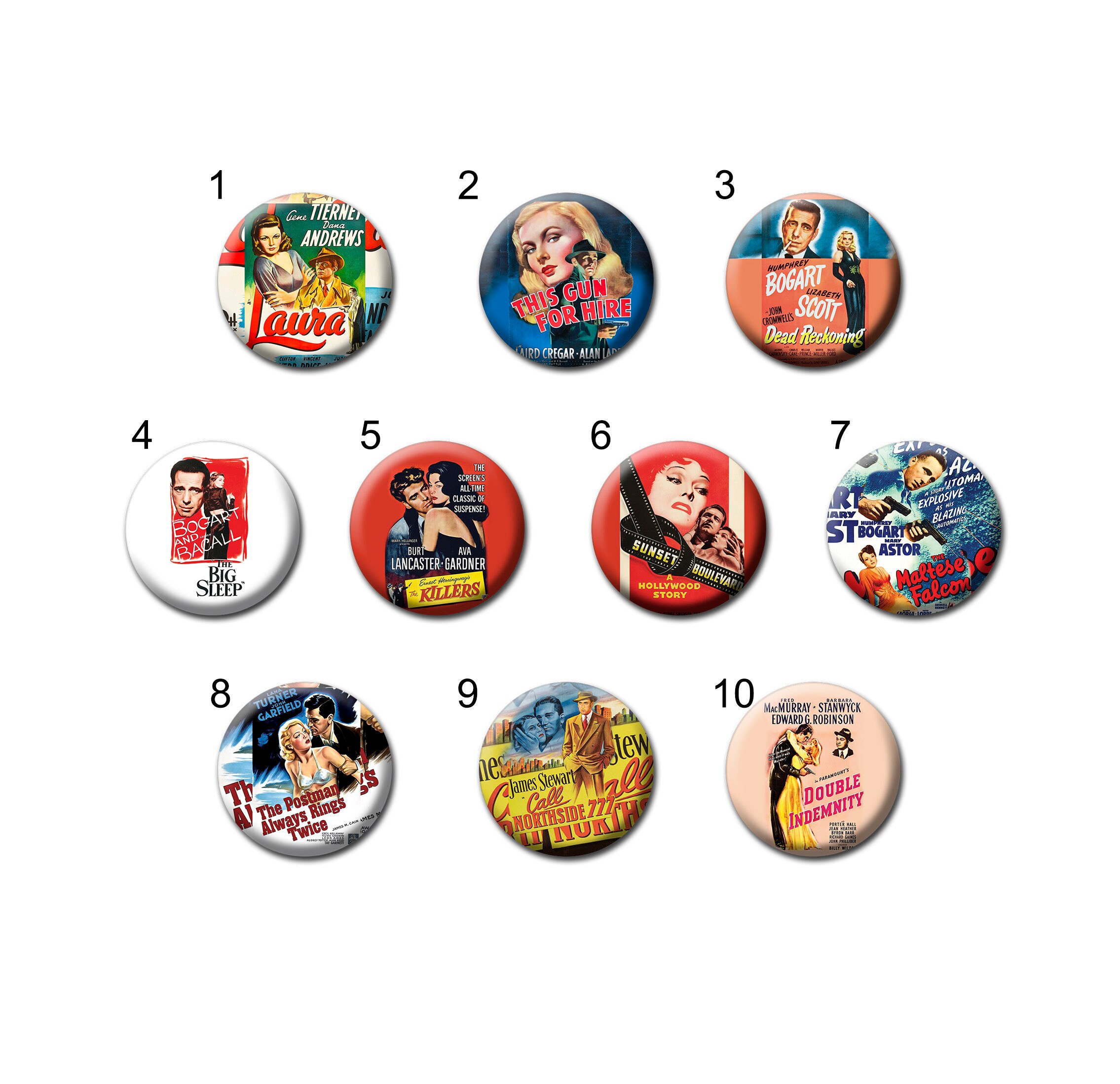 Classic Film Noir Movie Posters on Pin Back Buttons. 1" or 1.5". Ten ...