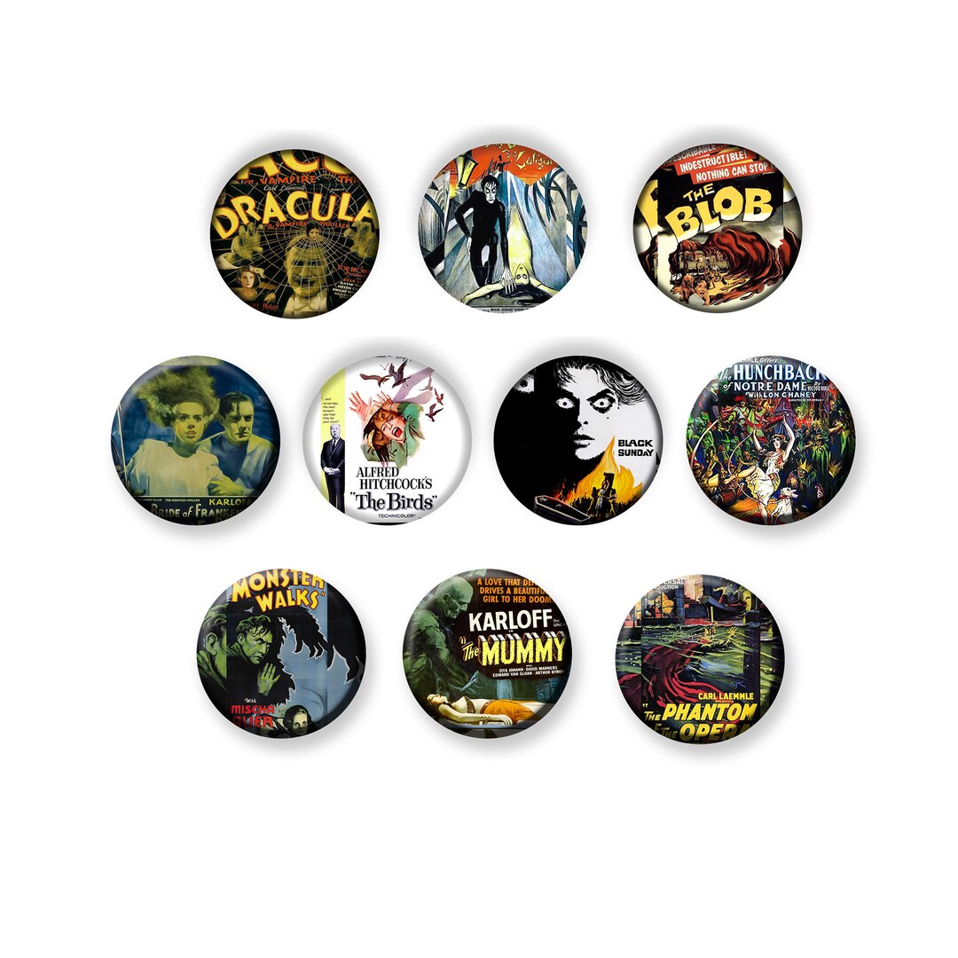 Set of 10 Classic Vintage Horror Movie Posters Scenes on Metal Pin Back ...