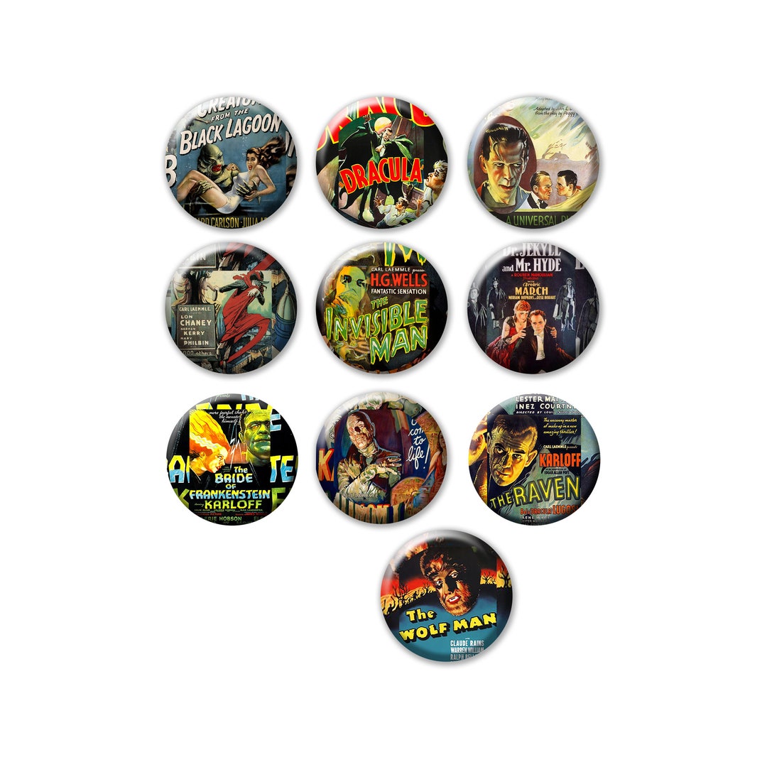 Horror Movie Poster Scenes on Metal Pin Back Buttons. Classic, Vintage ...