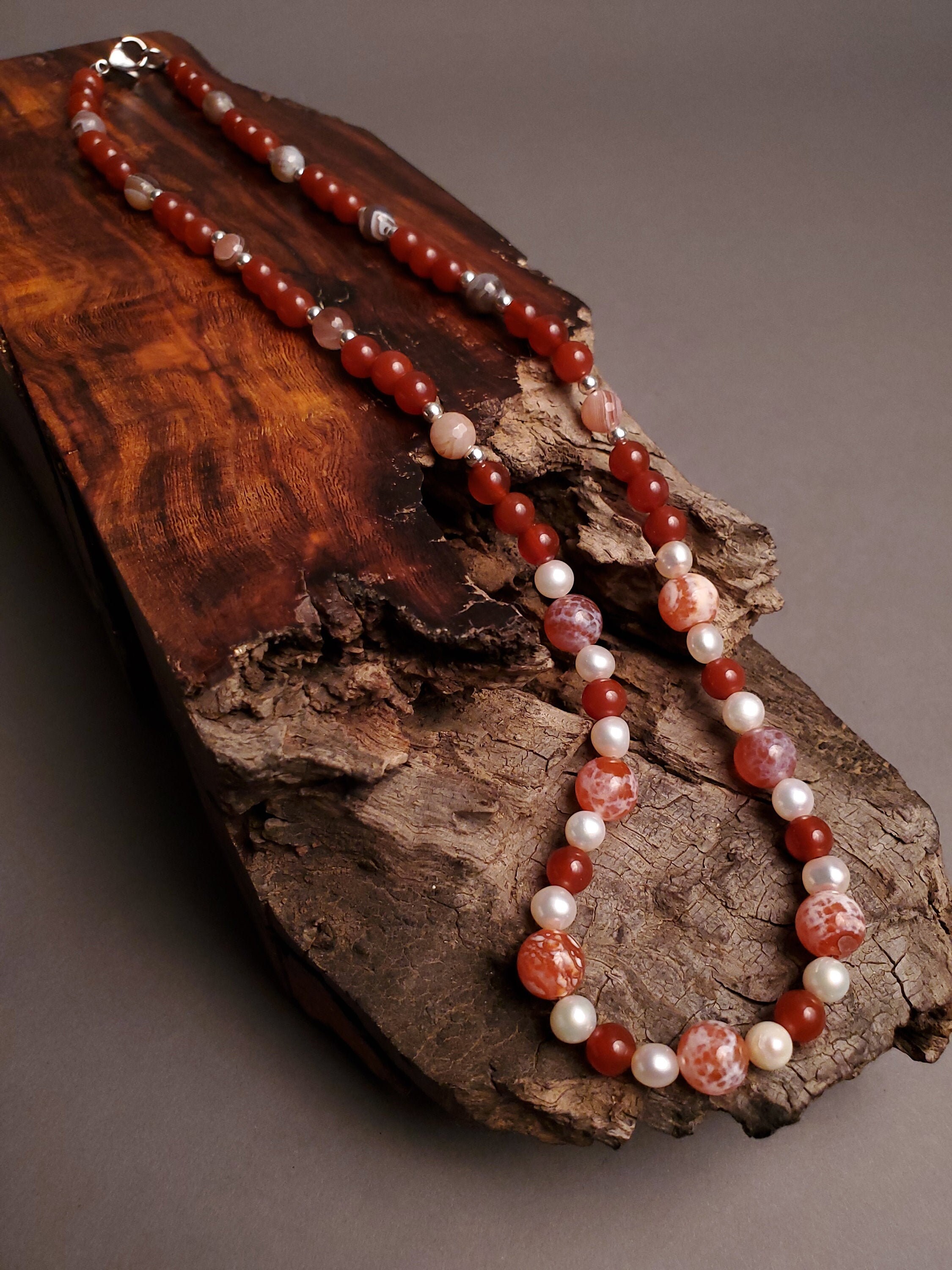Fire Agate, pearl, with carnelian necklace - Etsy.de