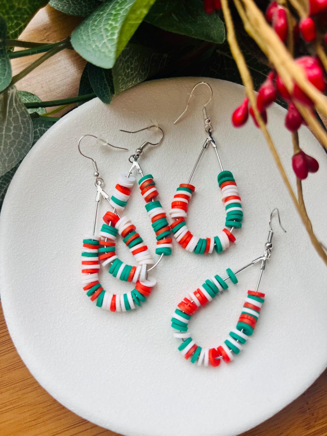 Festive Candy Cane Stripe Teardrop Hoops: Bright Red Green White ...