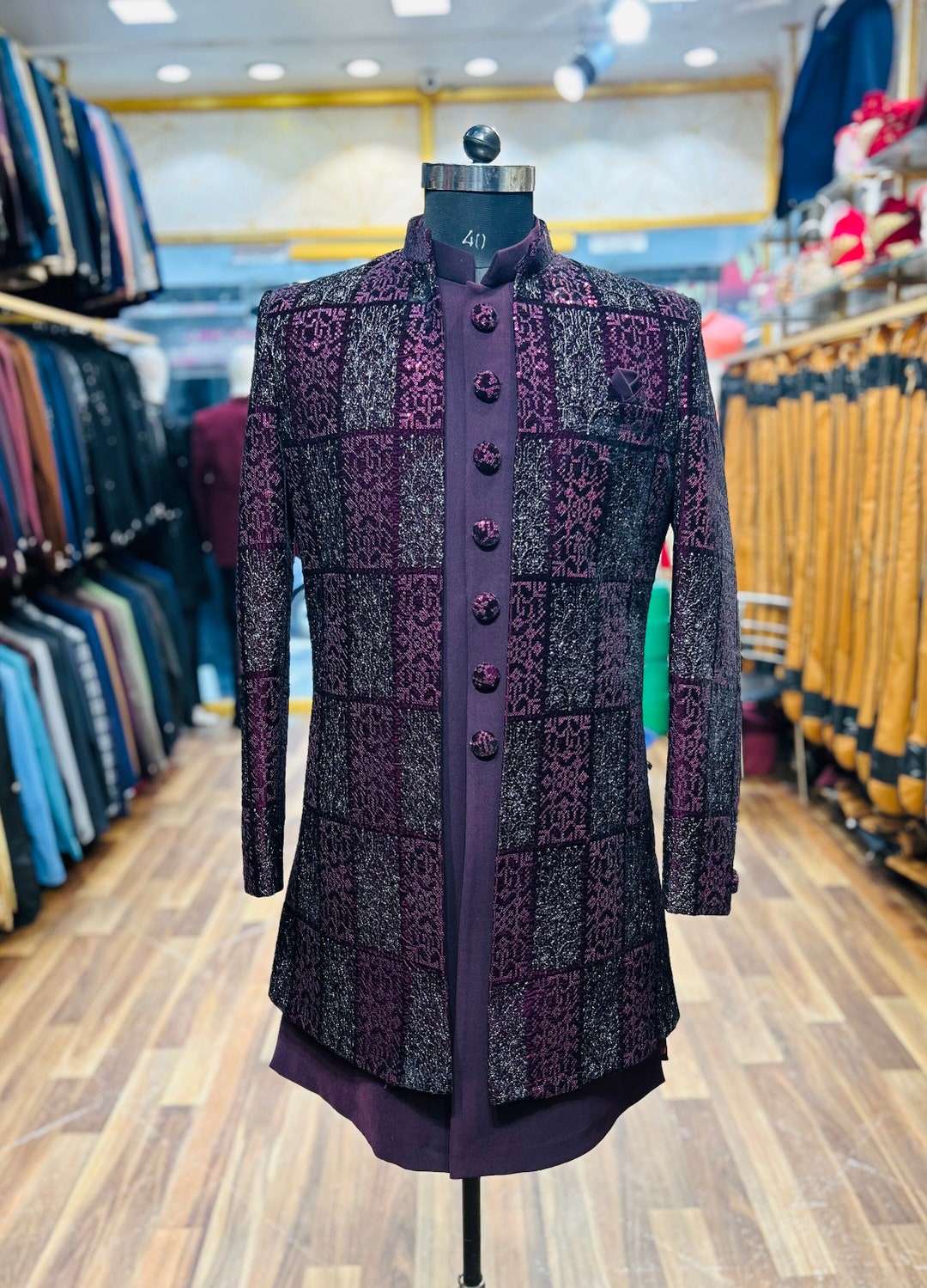 Golden Angrakha Style Sherwani With Pants - Etsy