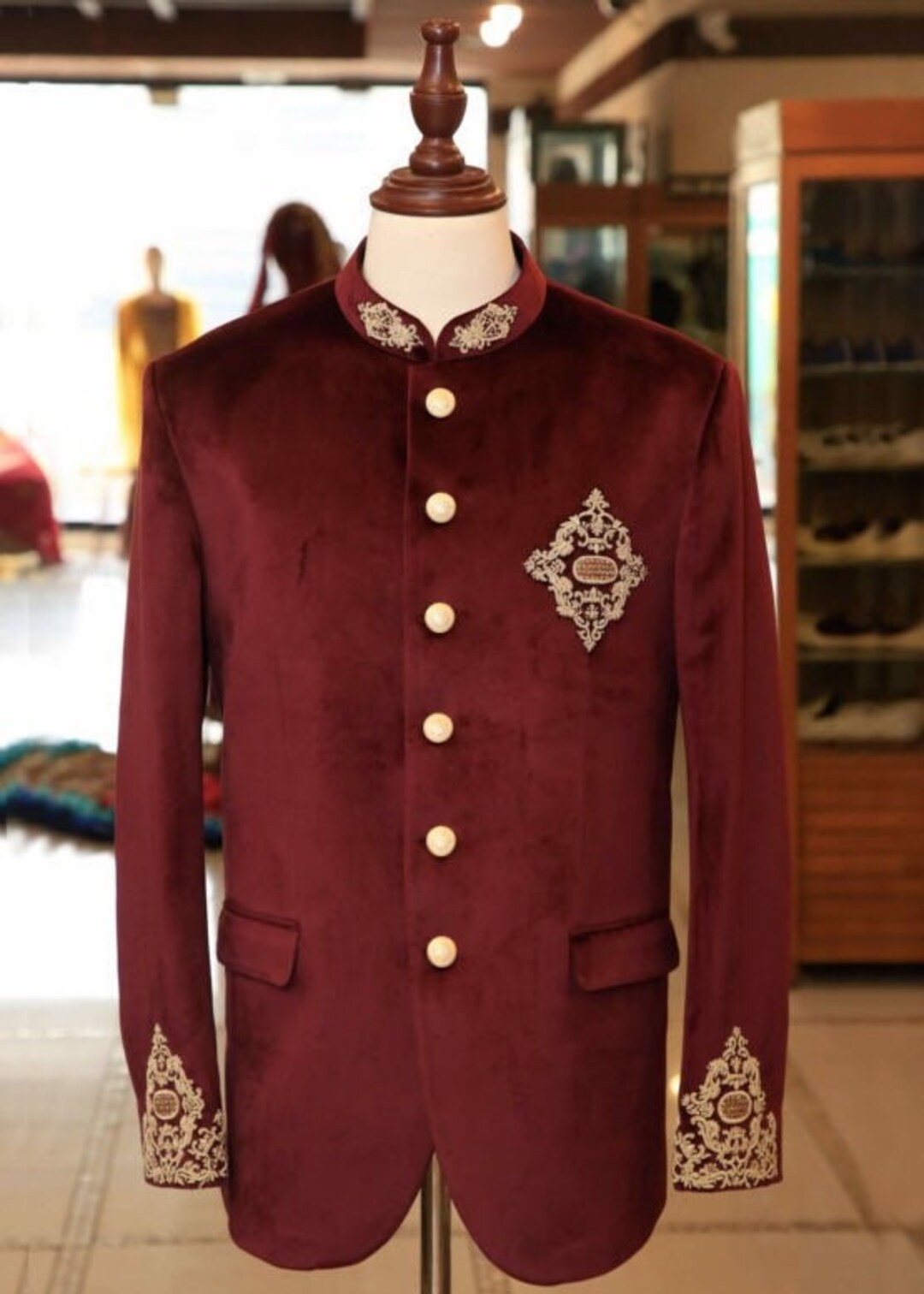 Hand Embroidered Maroon Ban Collar Suit With Cream Silk Pants ...