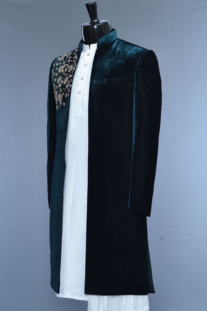 Emerald Green Velvet Sherwani: Embroidered Indian Wedding Suit - Etsy