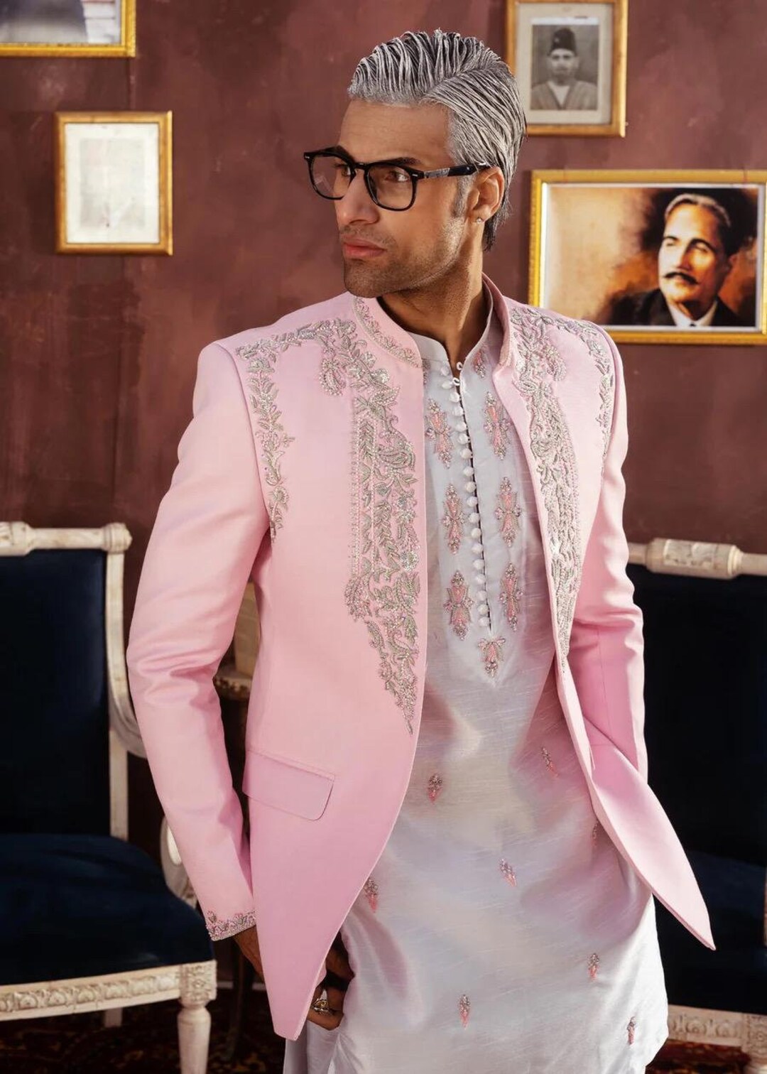 Pink Front Open Jacket and Kurta Embroidered With Hands for Wedding ...