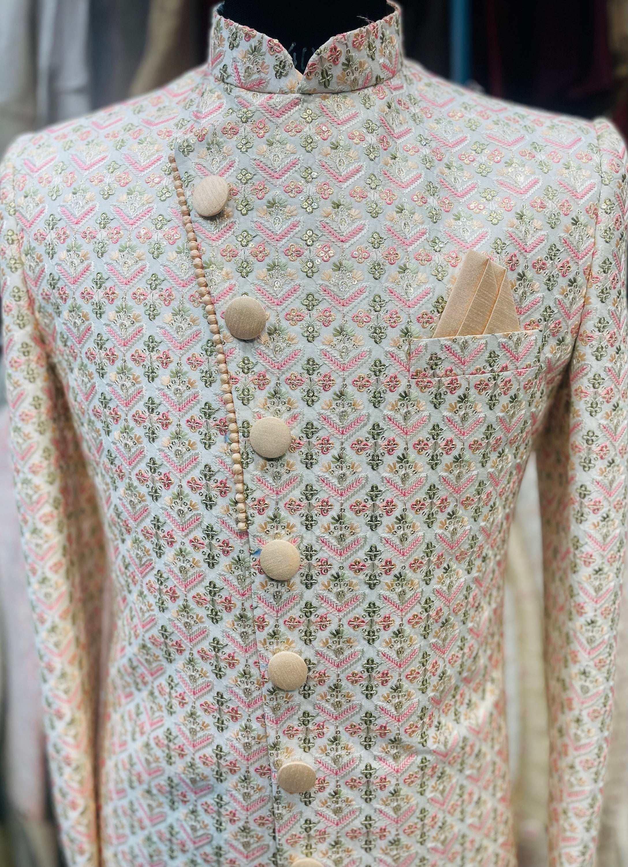 Peach Silk Embroidered Angrakha Sherwani With Vest & Pants - Etsy