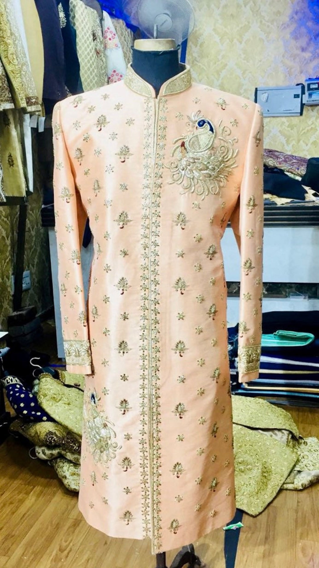 Peach & Golden Embroidered Sherwani Wedding Sherwani Men Sherwani Suit ...