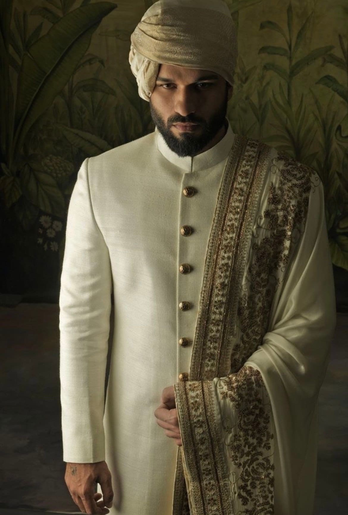 Ivory Coloured Silk Wedding Sherwani Pyjama Shoes Groom Sherwani Set ...