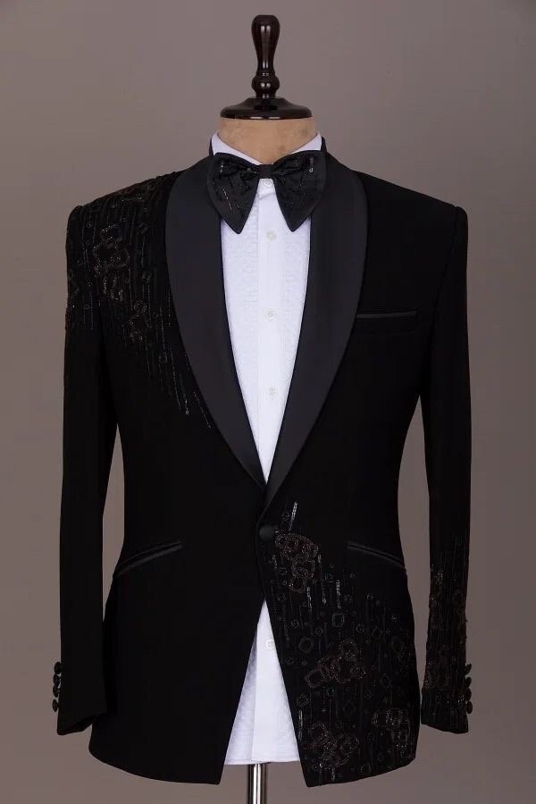 Black Hand Embroidered Beads Work Tuxedo Suit for Wedding Engagement ...
