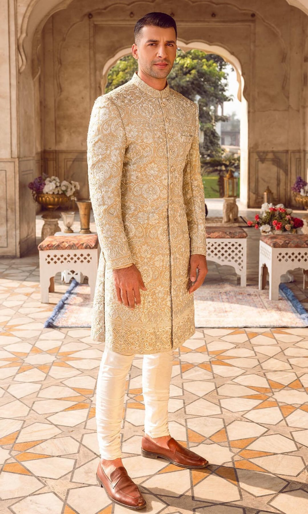Embroidered Silk Sherwani Suit: Golden Beige Indian Wedding Dress - Etsy