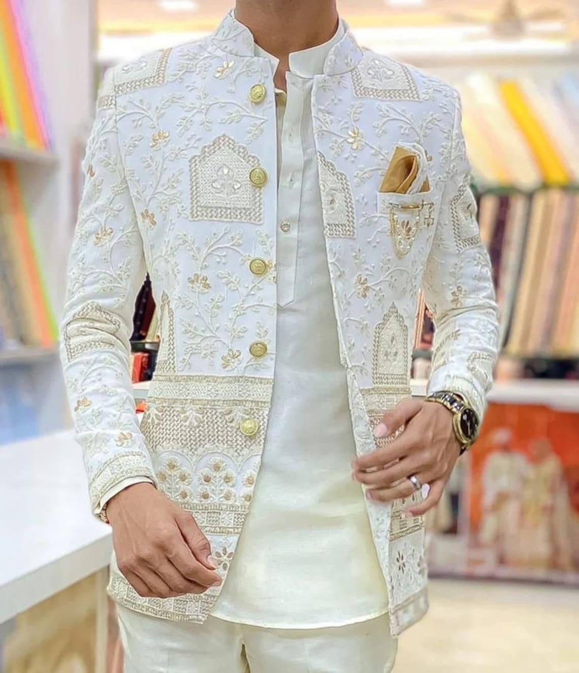 Cream Embroidered Jodhpuri Suit Mens Bandgala Gala Suit Men Wedding ...