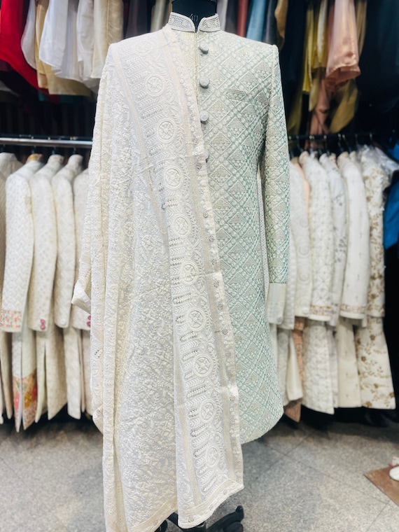 Green Coloured Silk Wedding Sherwani Pyjama Shoes Groom - Etsy