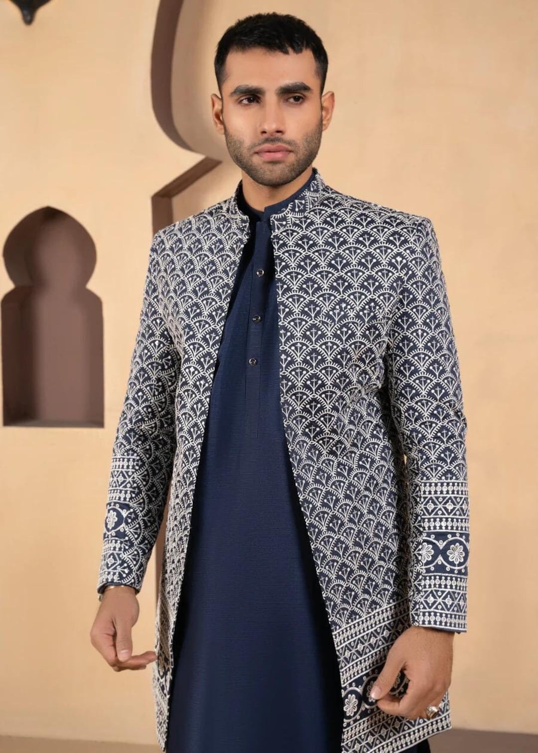 Shrug Style Blue Indowestern Suit With Labada and Pants for Wedding ...