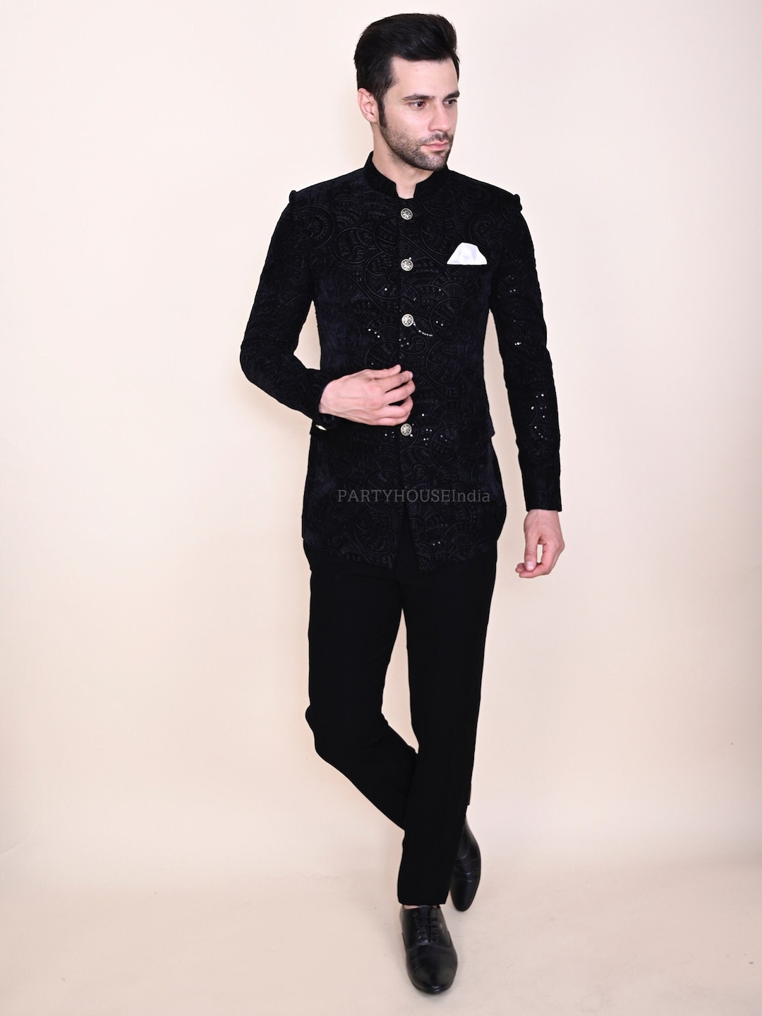 Embroidered Velvet Jodhpuri Suit: Black Prince Collar Bandhgala Wedding ...