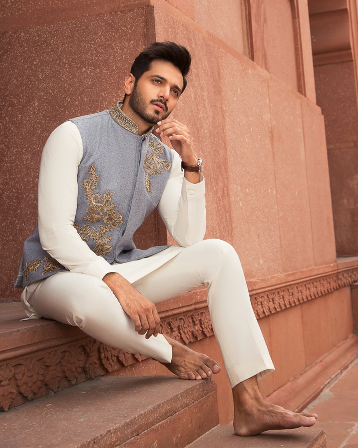 Men Kurta With Embroidered Vest Coat and Pants Ethnic Kurta Set Kurta ...