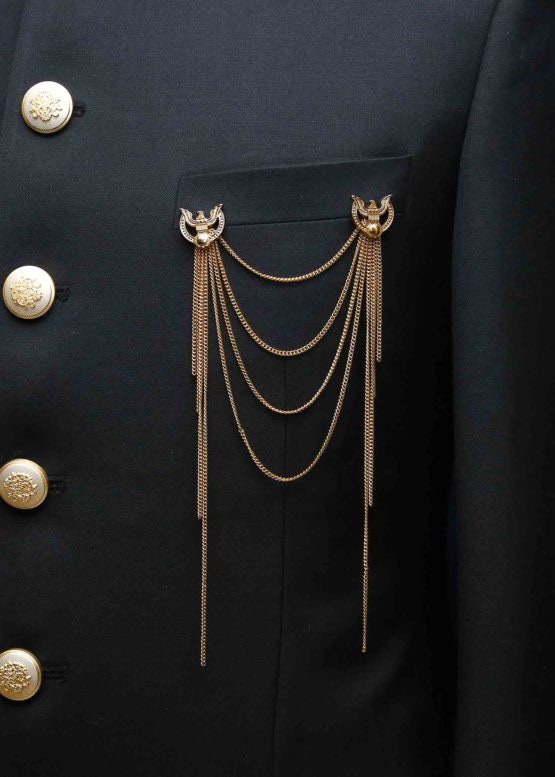 Embroidered Pocket Black Ban Collar Suit With Black Pants Bandgala Suit ...
