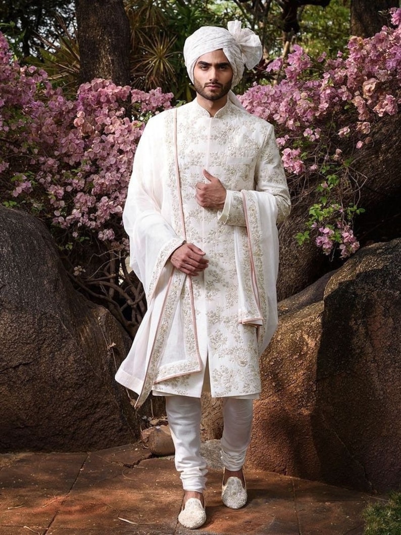 Ivory Hand Embroidered Sherwani Set: Indian Wedding Outfit - Etsy