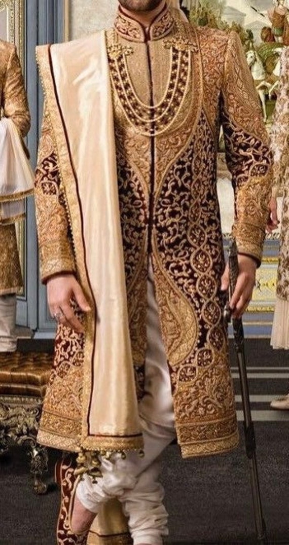 Groom Golden Embroidered Sherwani Wedding Sherwani Men Etsy